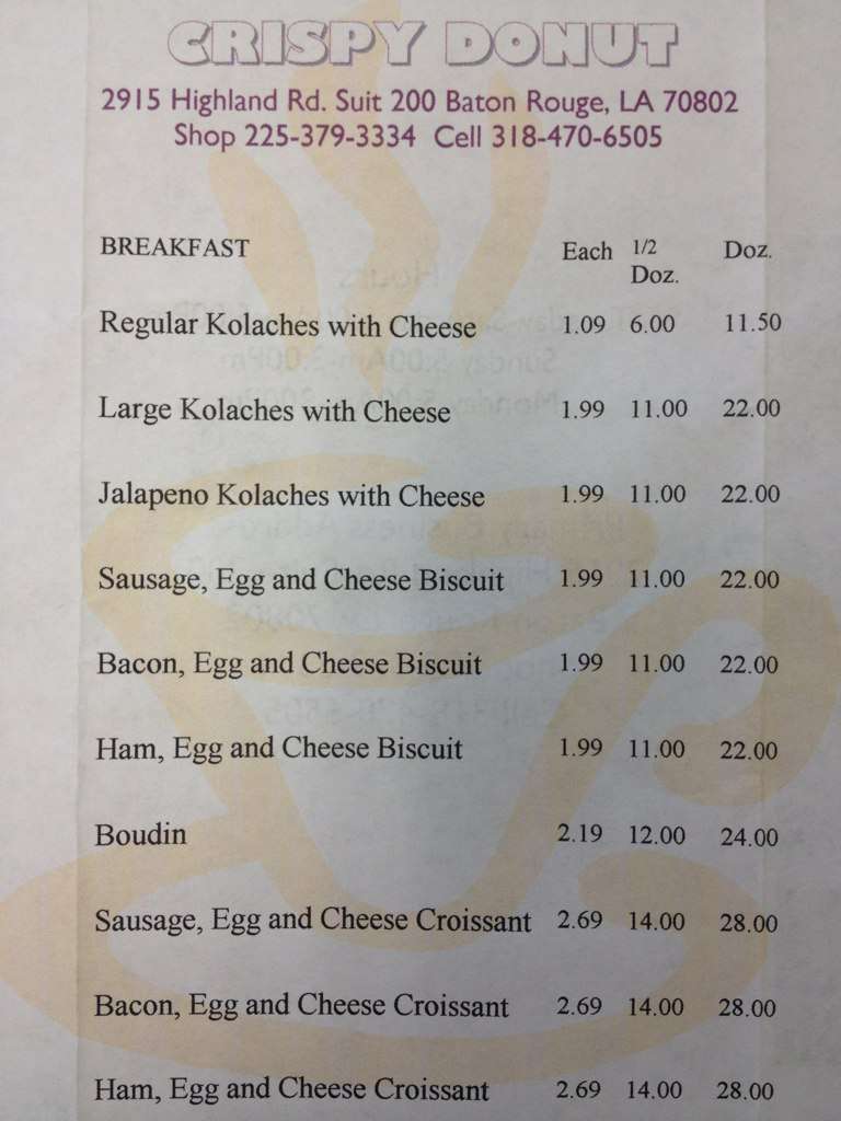 Menu at Crispy Donuts restaurant, Baton Rouge, Highland Rd