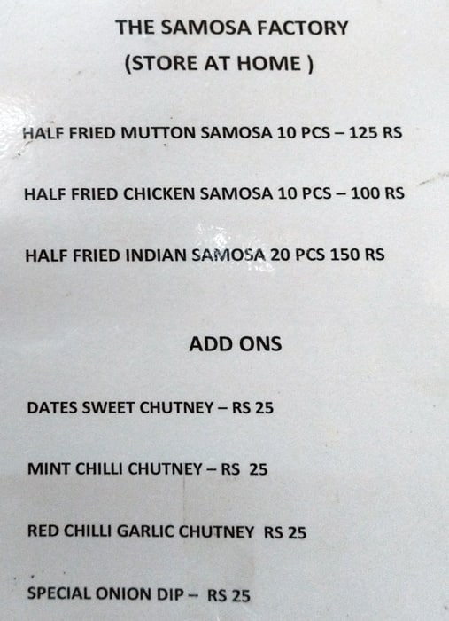 Menu at THE SAMOSA FACTORY ADYAR, Chennai