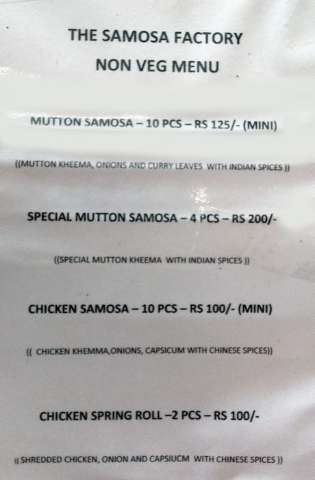 Menu of The Samosa Factory, Anna Nagar East, Chennai