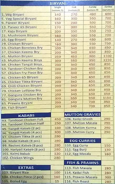 Menu of TKR Biryani House, Lingampally, Hyderabad