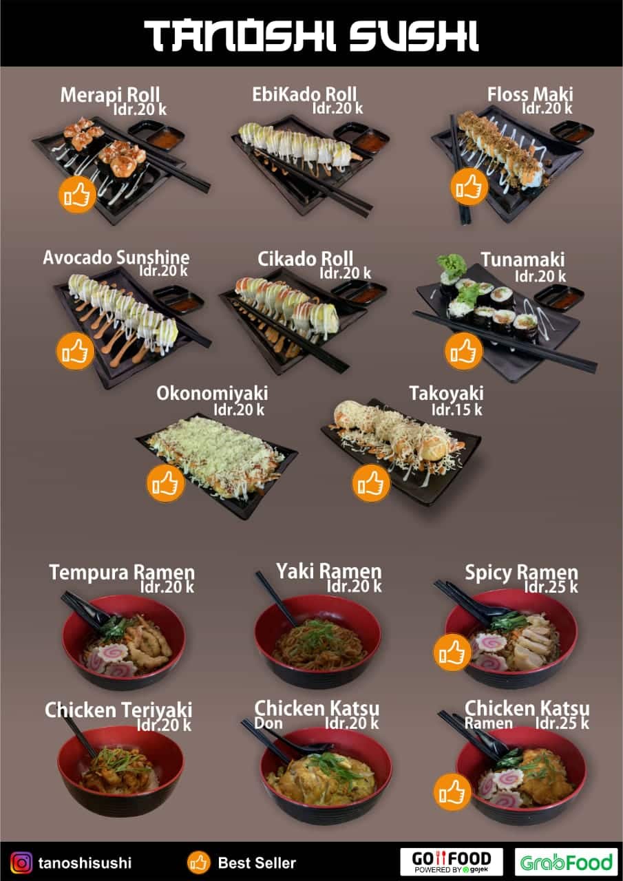 Menu at Tanoshi Sushi restaurant, Bandung, Jl. Tubagus Ismail Raya No.45
