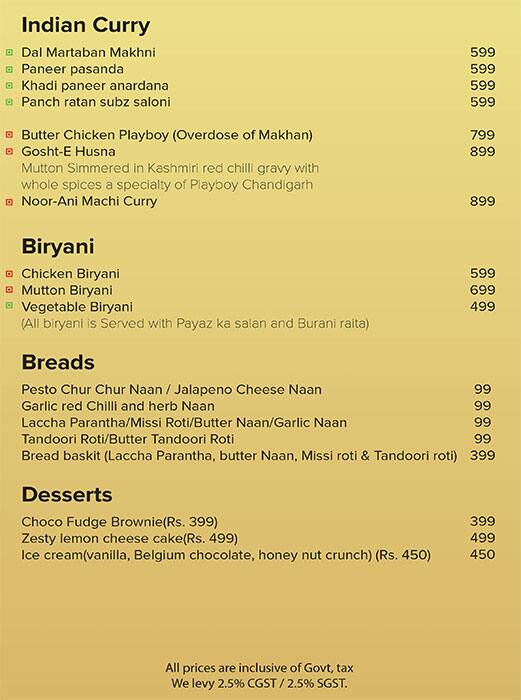 Menu at Playboy Club Chandigarh, Chandigarh, Floor 3