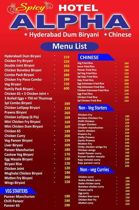 Menu at Hotel Spicy Alpha, Visakhapatnam