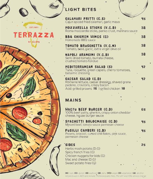 Menu at Terrazza cafe, Dubai