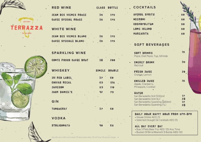 Menu at Terrazza cafe, Dubai