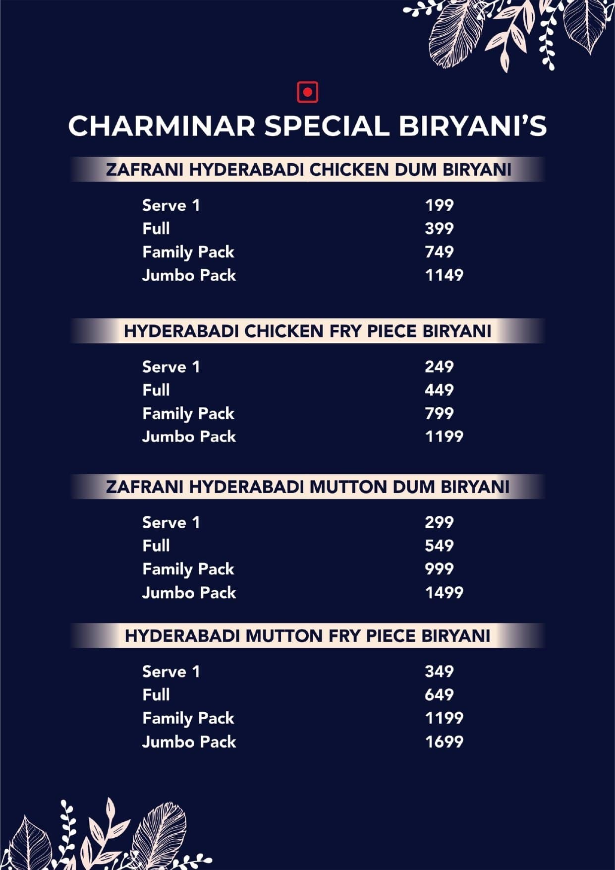Menu of Charminar Biryani, Kondapur, Hyderabad