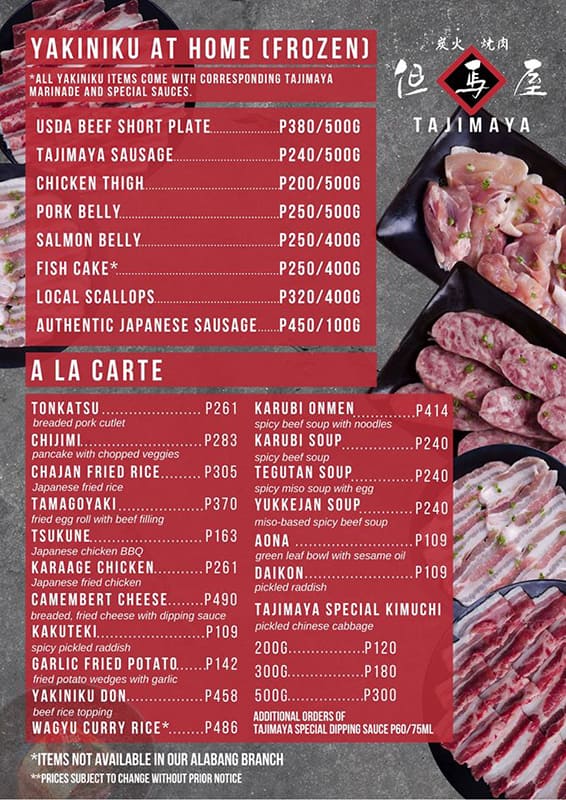 Menu at Tajimaya restaurant, Makati