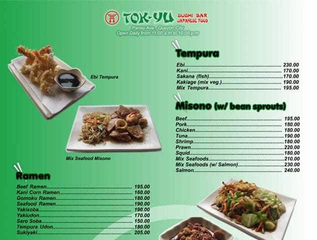Menu at Tok-Yu Sushi Bar, Quezon City, Panay Avenue