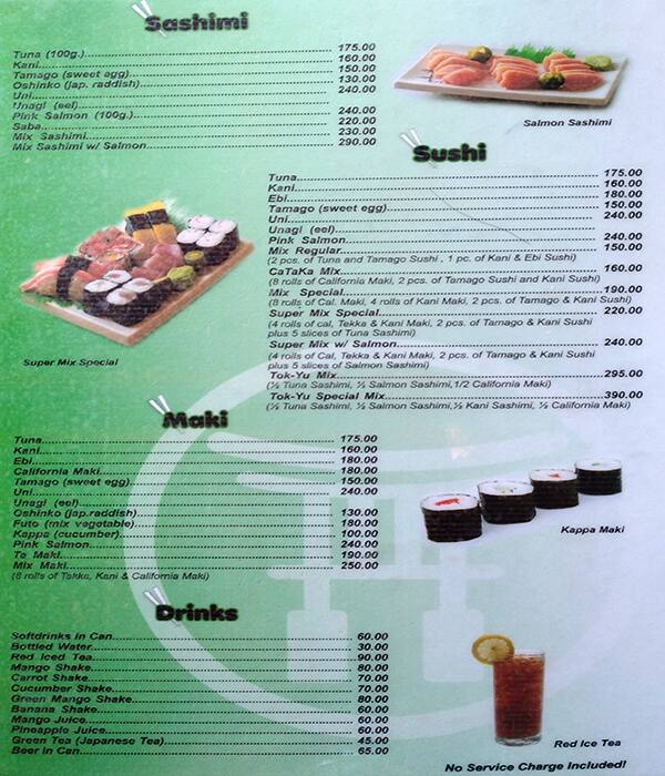 Menu at Tok-Yu Sushi Bar, Quezon City, Panay Avenue