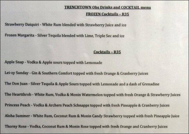 Menu au Trenchtown restaurant, Le Cap