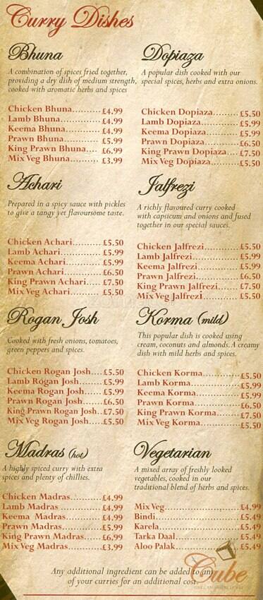 Menu at The Cube restaurant, Birmingham, 196 Wharfside St