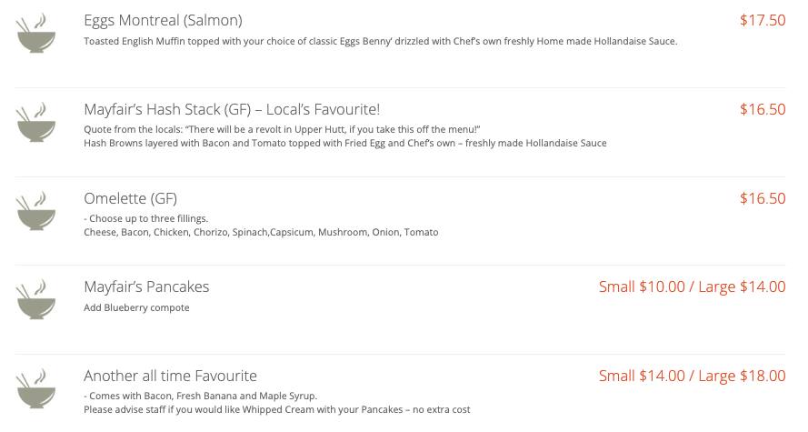 Menu at Mayfair Cafe & The BoileRoom, Upper Hutt