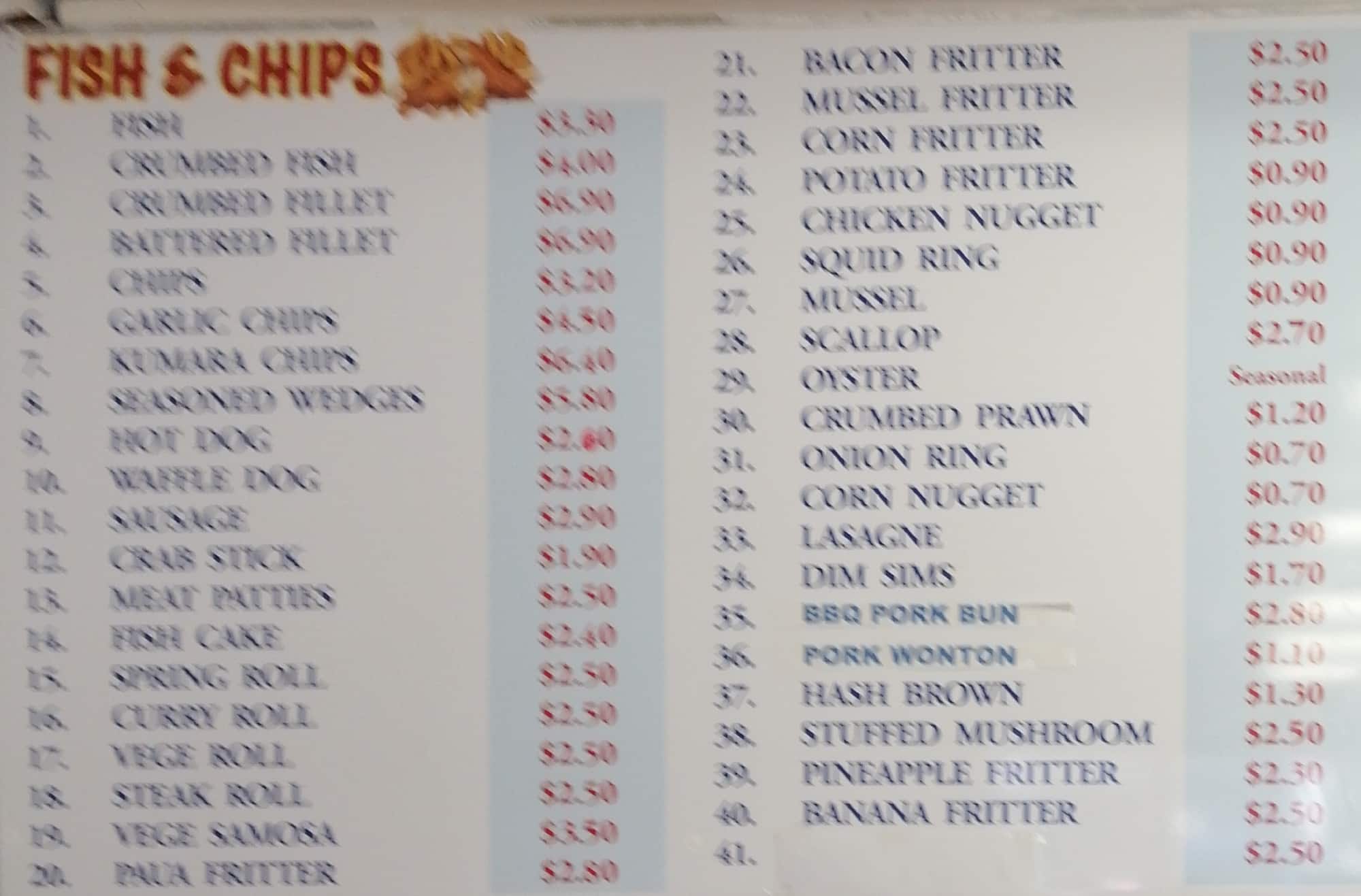 Menu at Linden Fish & Chips restaurant, Wellington
