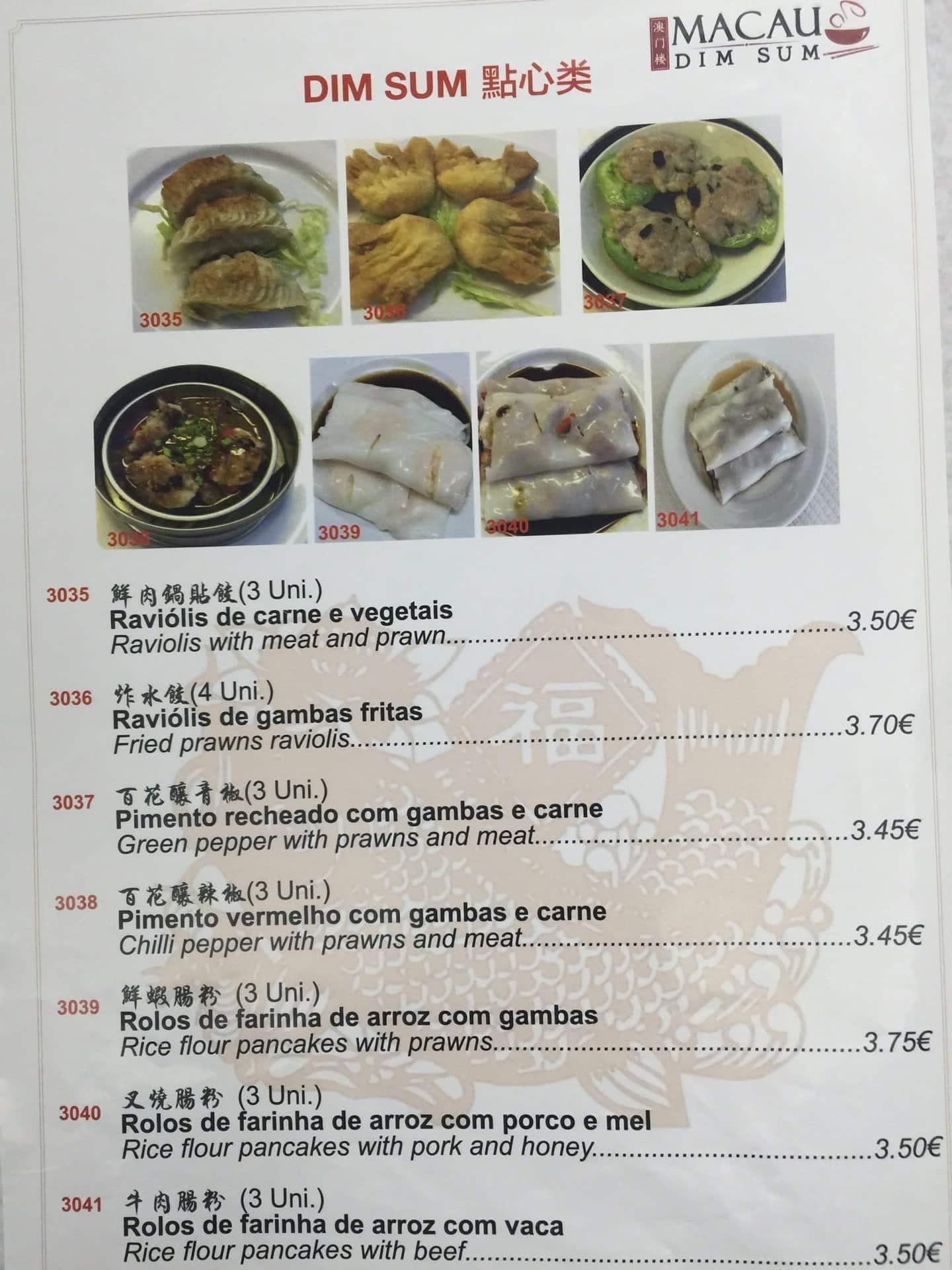 Menu em Macau Dim Sum restaurante, Oeiras