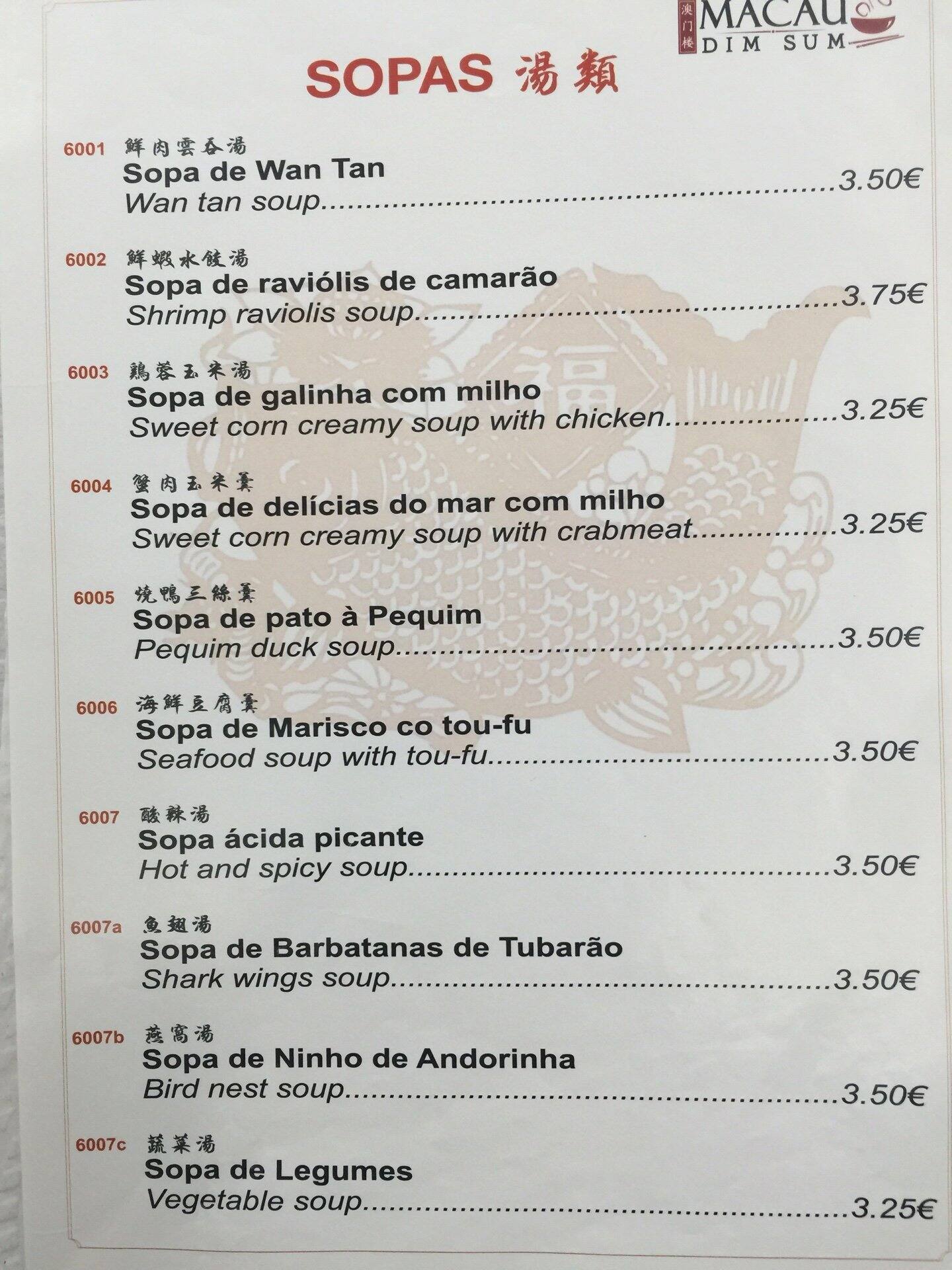 Menu em Macau Dim Sum restaurante, Oeiras