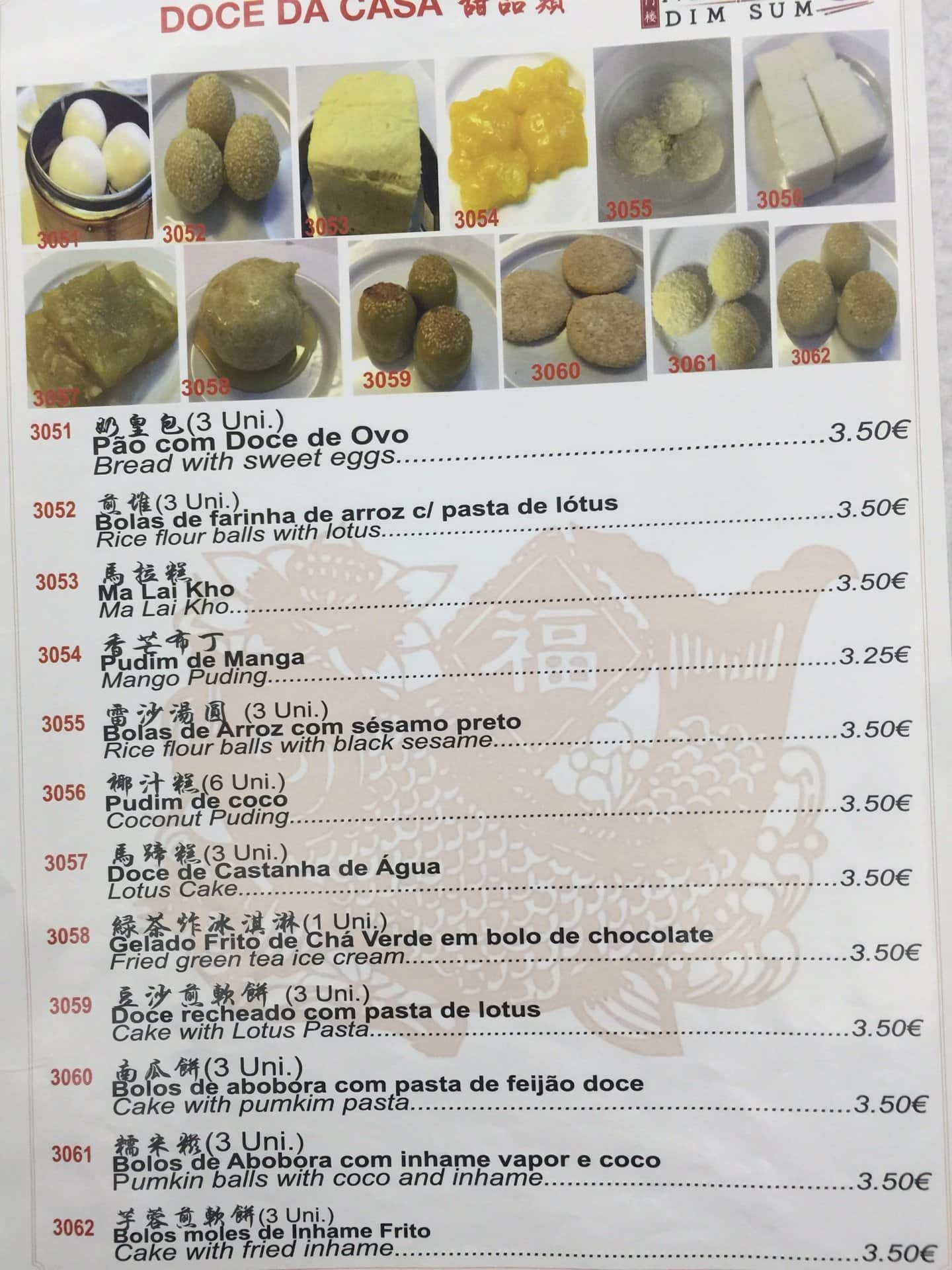Menu em Macau Dim Sum restaurante, Oeiras