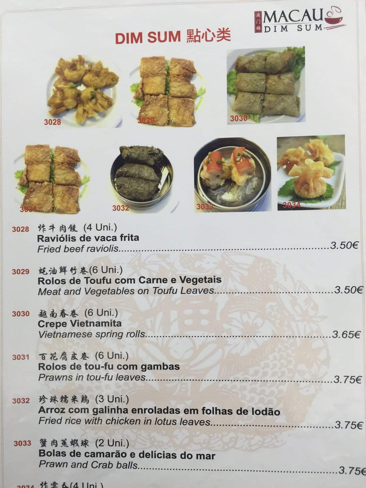 Menu em Macau Dim Sum restaurante, Oeiras