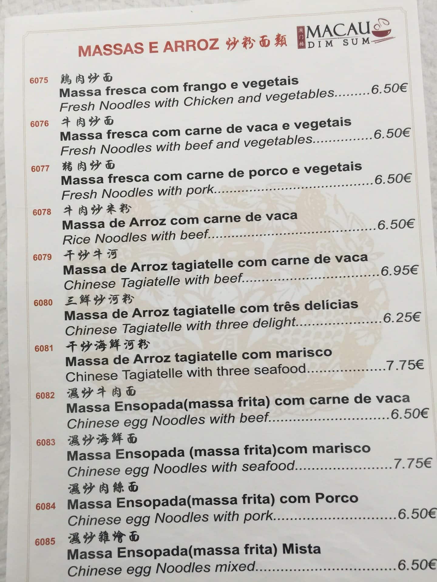 Menu em Macau Dim Sum restaurante, Oeiras