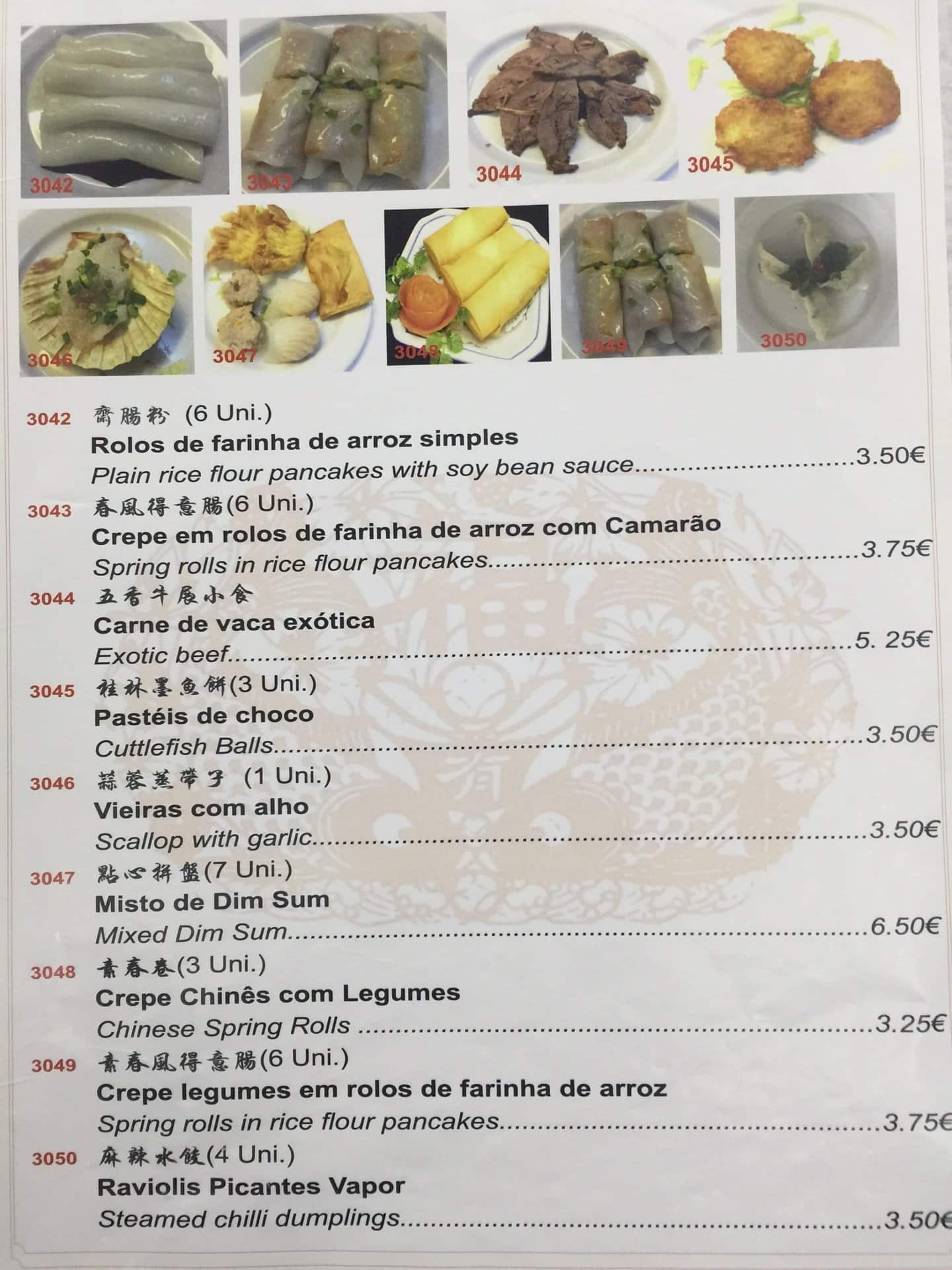Menu em Macau Dim Sum restaurante, Oeiras