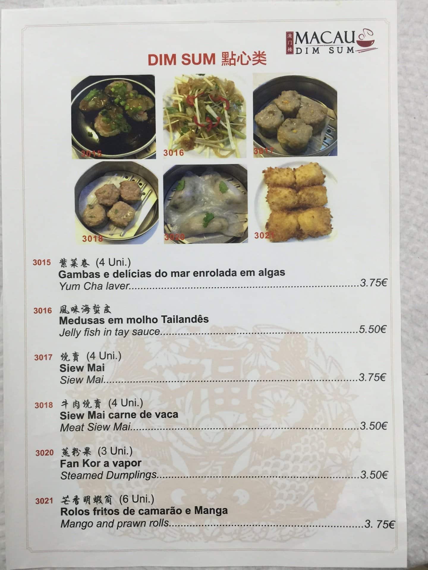 Menu em Macau Dim Sum restaurante, Oeiras