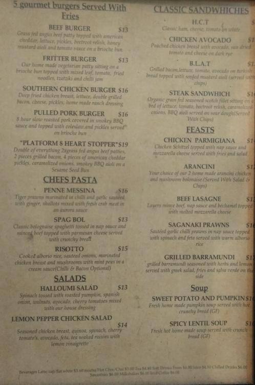 Menu at Platform 8 cafe, Parramatta, 159-175 Church St