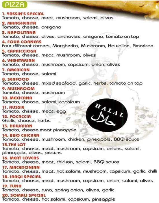 Menu at Yassin Pizza & Pasta pizzeria, Lalor
