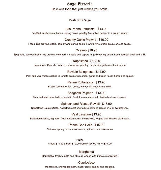 Menu at Sugo Pizzeria, Dulwich