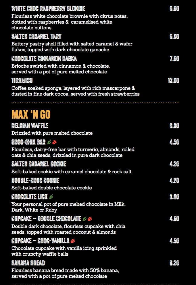 Menu at Max Brenner Chocolate Bar, Carindale