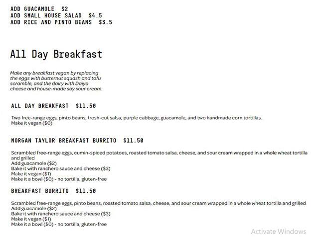 Menu at The Burrow Restaurant - Formerly Bandidas Taqueria, Vancouver