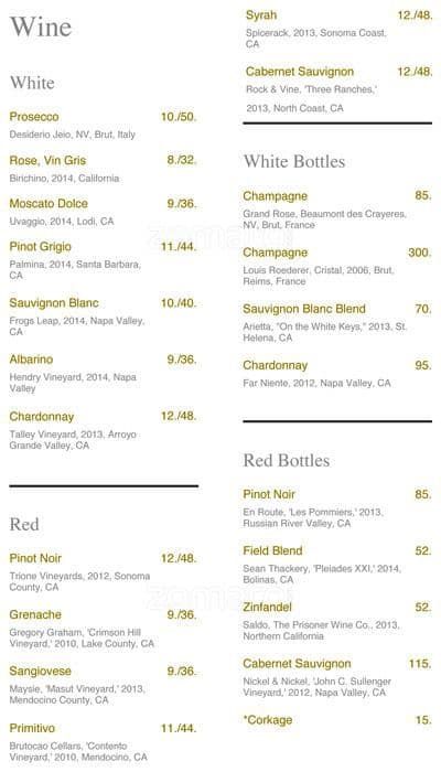 Menu at Vesta pub & bar, Redwood City