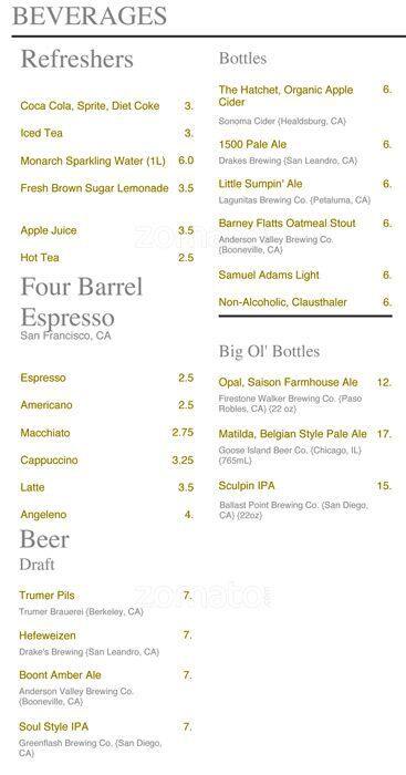Menu at Vesta pub & bar, Redwood City