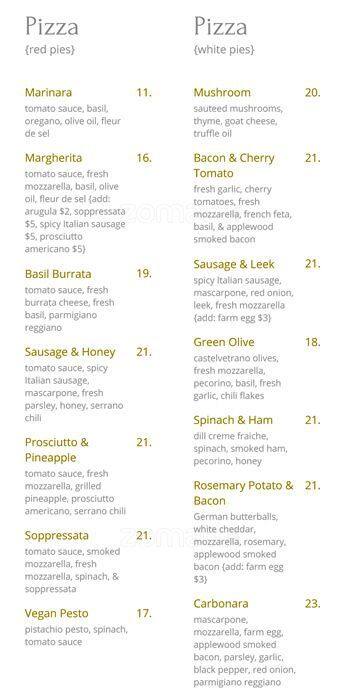 Menu at Vesta pub & bar, Redwood City
