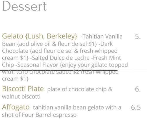Menu at Vesta pub & bar, Redwood City