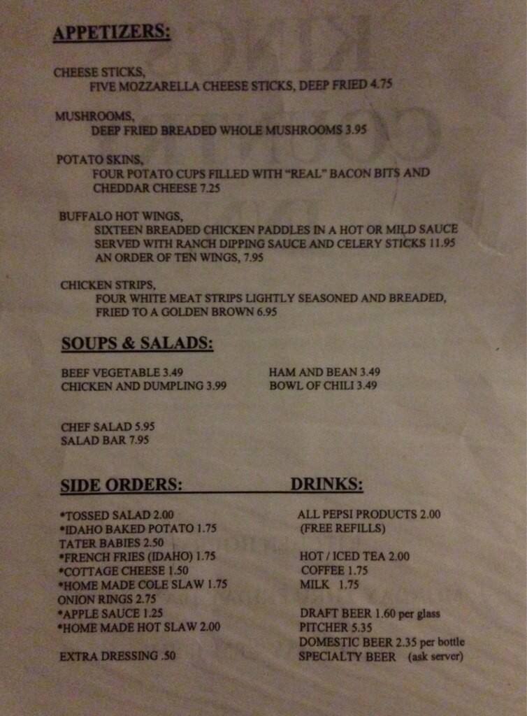 Menu at King's Country Inn restaurant, Hooven, 112 Washington St