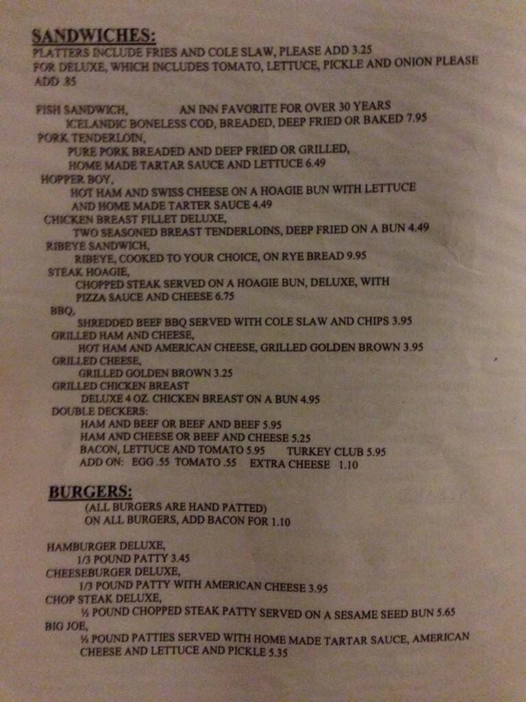 Menu at King's Country Inn restaurant, Hooven, 112 Washington St