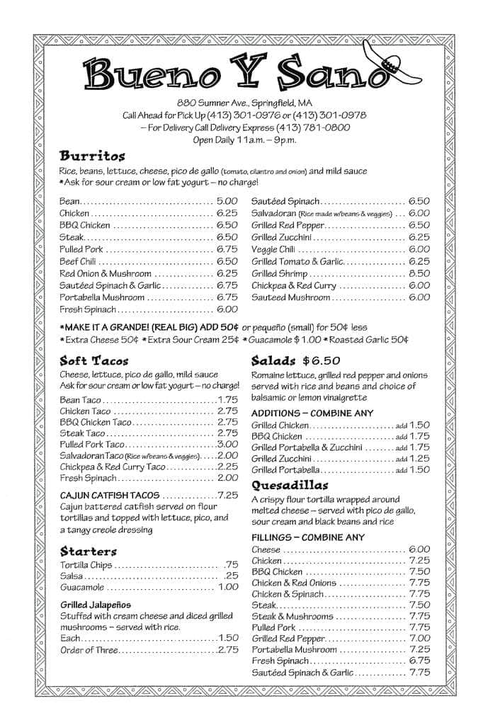 Menu at Bueno Y Sano restaurant, Springfield, 415 Cooley St