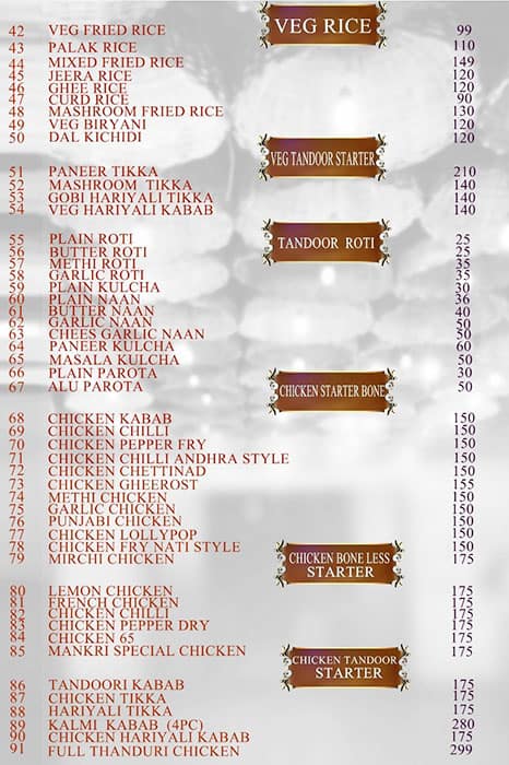 Menu at Mankri Huts, Bengaluru