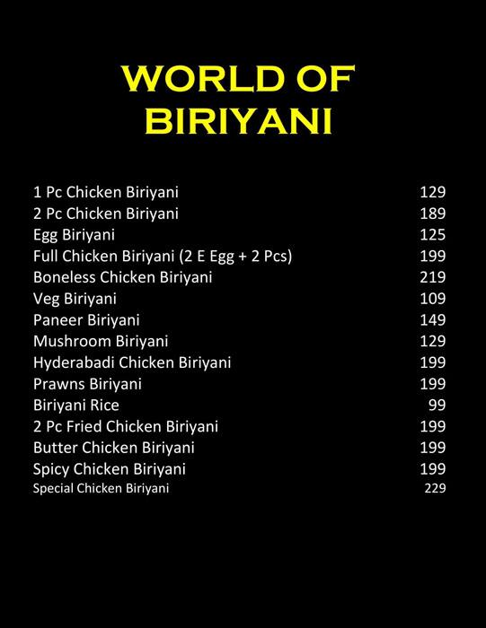 Menu of World Of Biriyani, Varthur Main Road, Whitefield, Bangalore