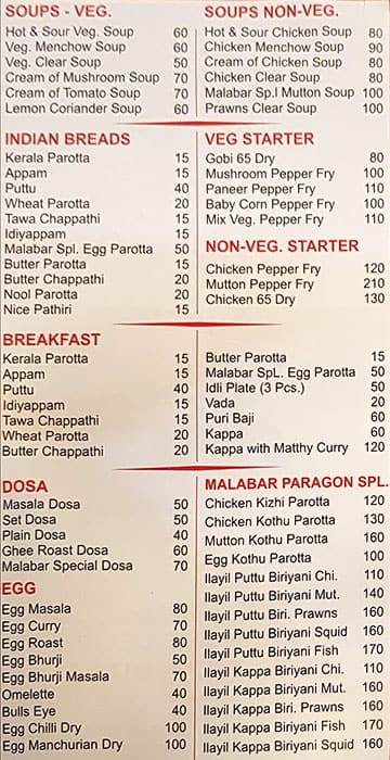 Menu of Malabar Paragon Restaurant, BTM, Bangalore