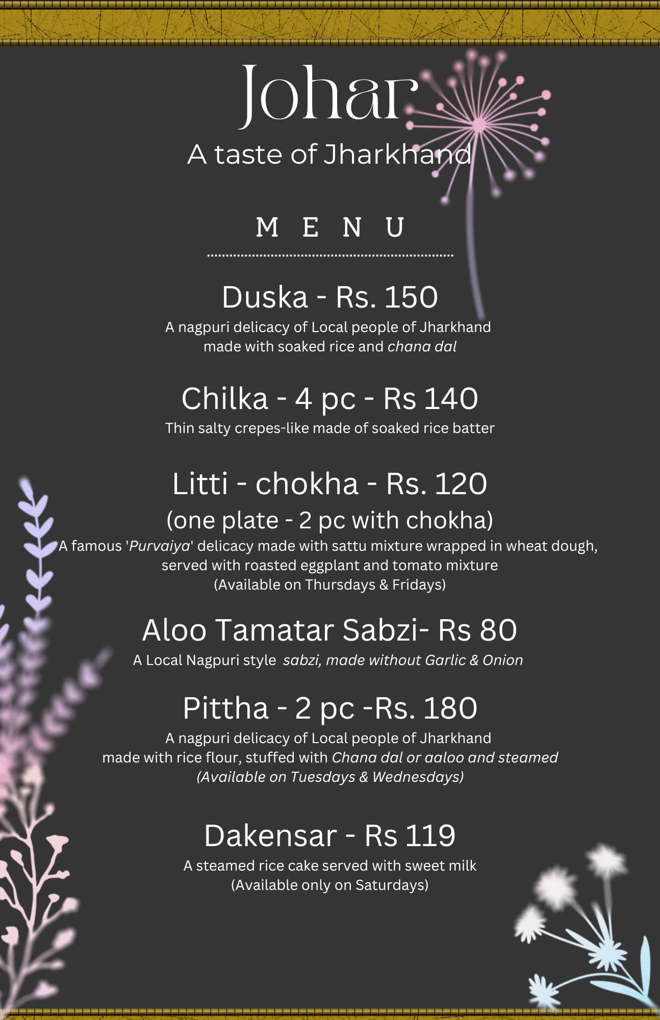 Menu of Johar - A Taste Of Jharkhand, Viman Nagar, Pune