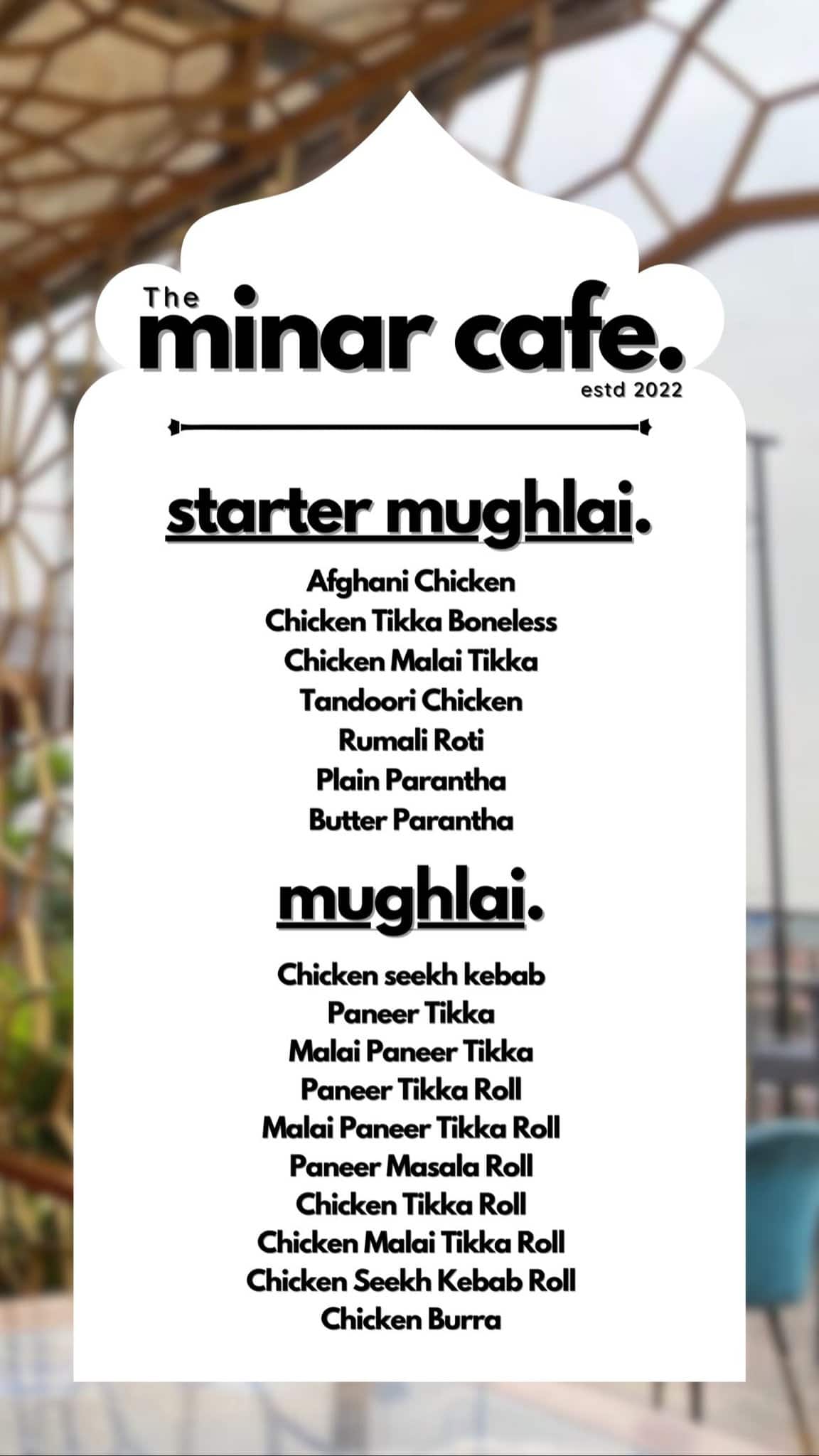 Menu of The Minar Cafe, Jama Masjid, New Delhi