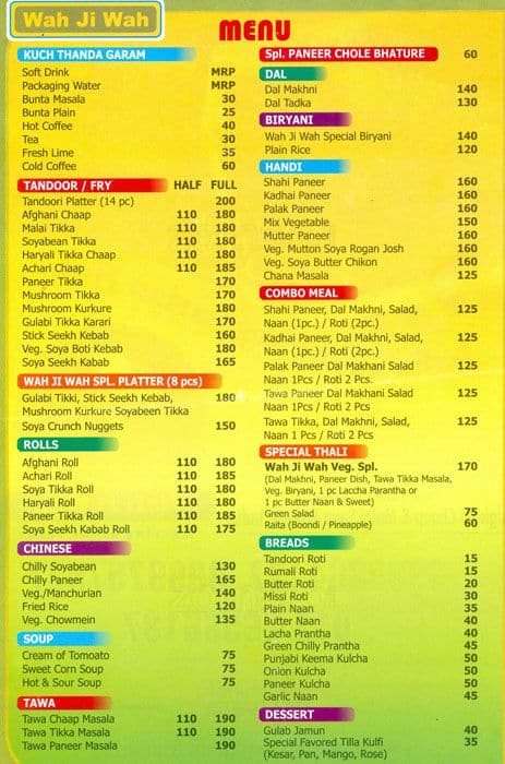 Menu at WAH JI WAH Restaurant, Delhi, 1449/B-1
