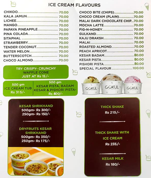 Menu of Gokul Ice Creams, Santacruz West, Mumbai