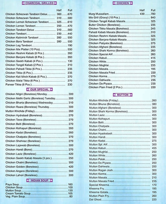 Menu at Cafe Alif, Mumbai, Mathra Apartment
