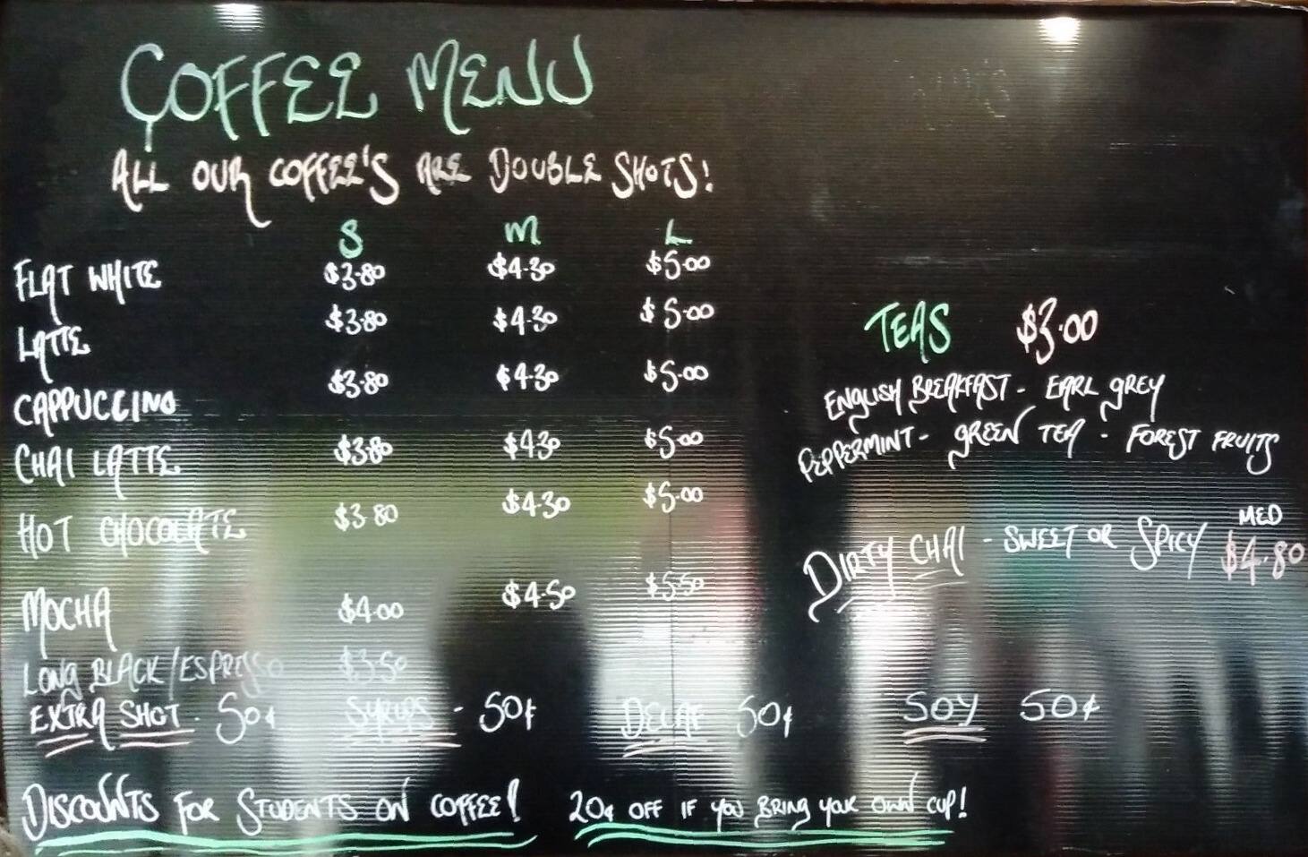 Menu at Coffee Shack, Henderson cafe, Auckland