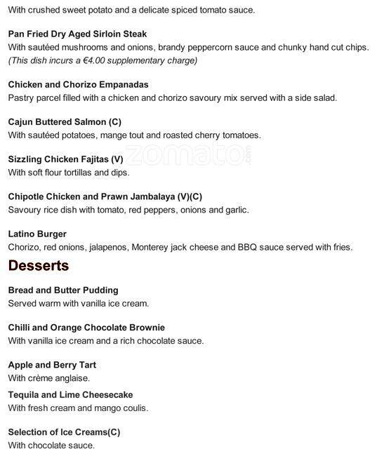 Menu at Cactus Jacks cafe, Dublin