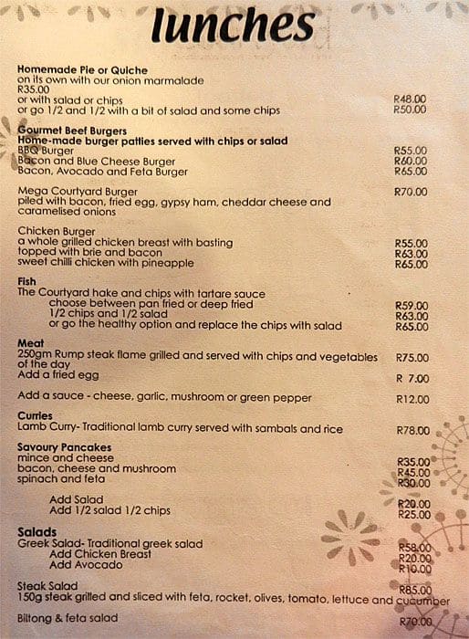 Menu at The Courtyard Cafe, Clarens, 324 Market Street