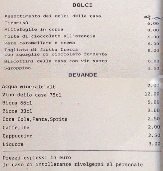 Menu at Otello alla Concordia restaurant, Rome