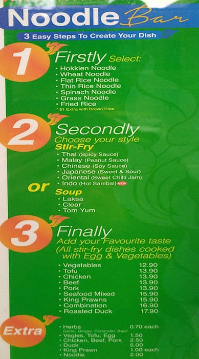 Menu at Paper Box Thai Noodle Bar, Darlinghurst