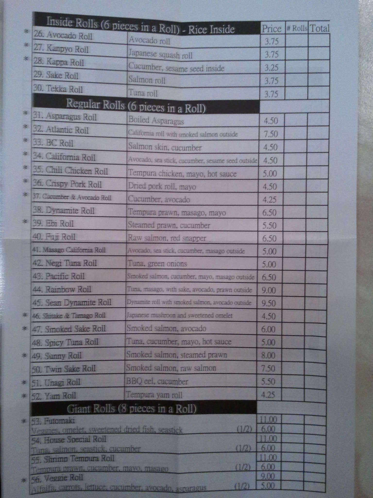 Menu at Sushi Miso restaurant, Medicine Hat